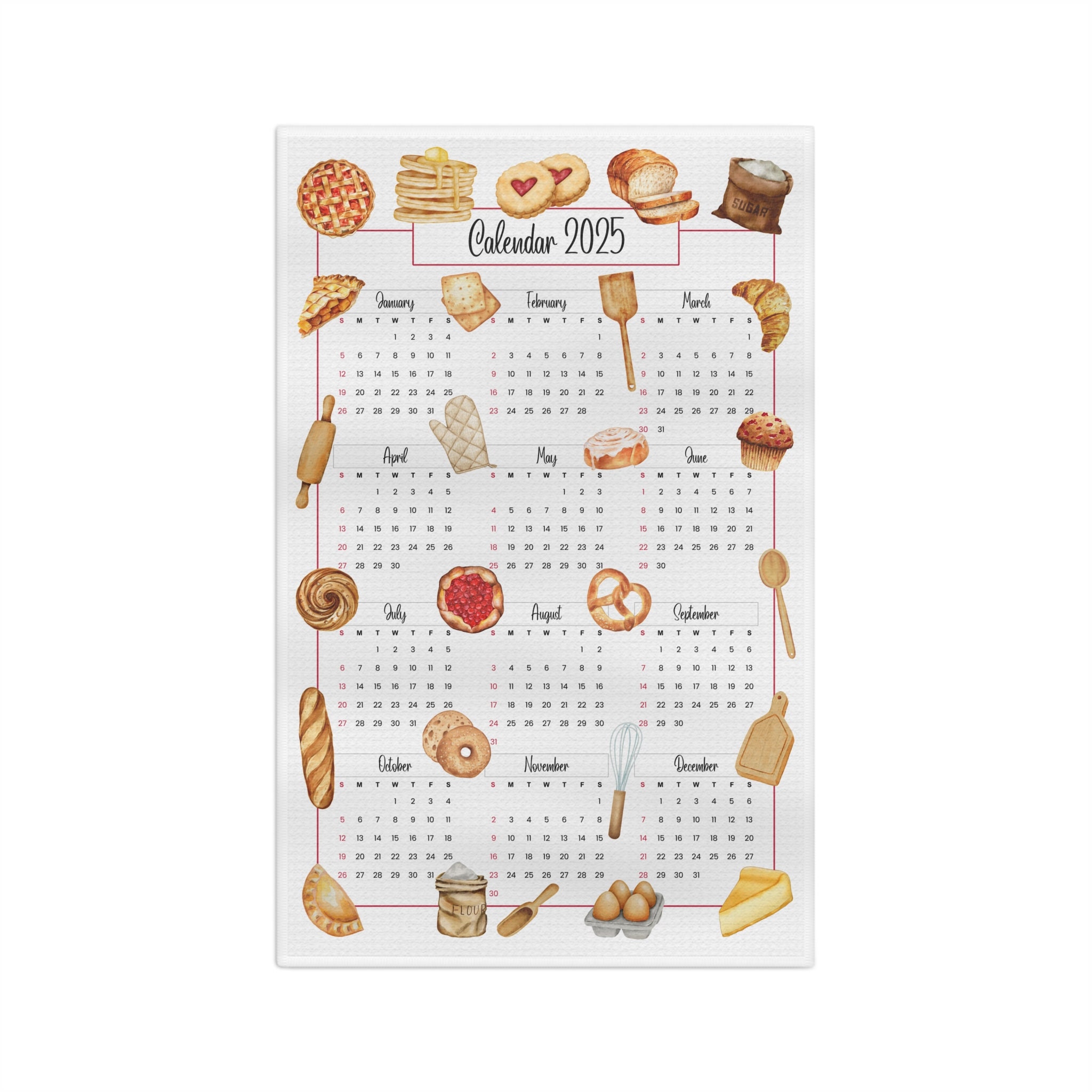 2025 Calendar Watercolor Sweet Treats and Breads Tea Towel, Kitchen ...