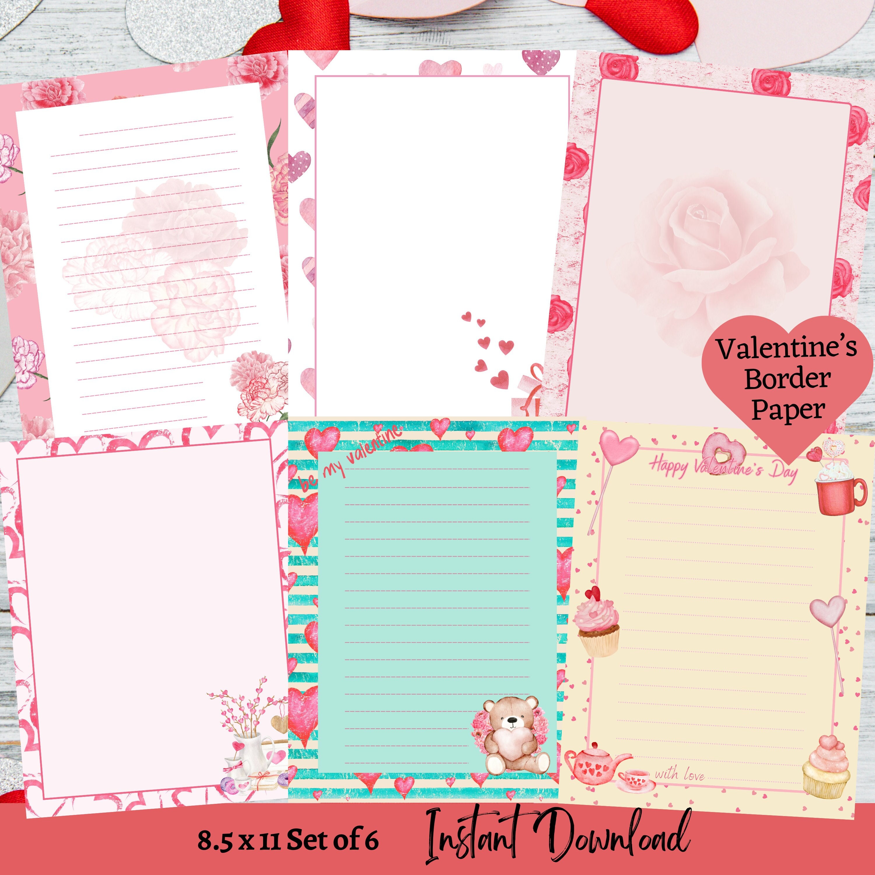 Watercolor Valentine's Border Paper, Valentine Printables, Valentine's ...