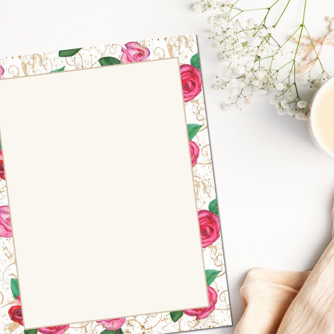 Watercolor Roses Border Paper, Roses Frame Paper, Letter Writing ...