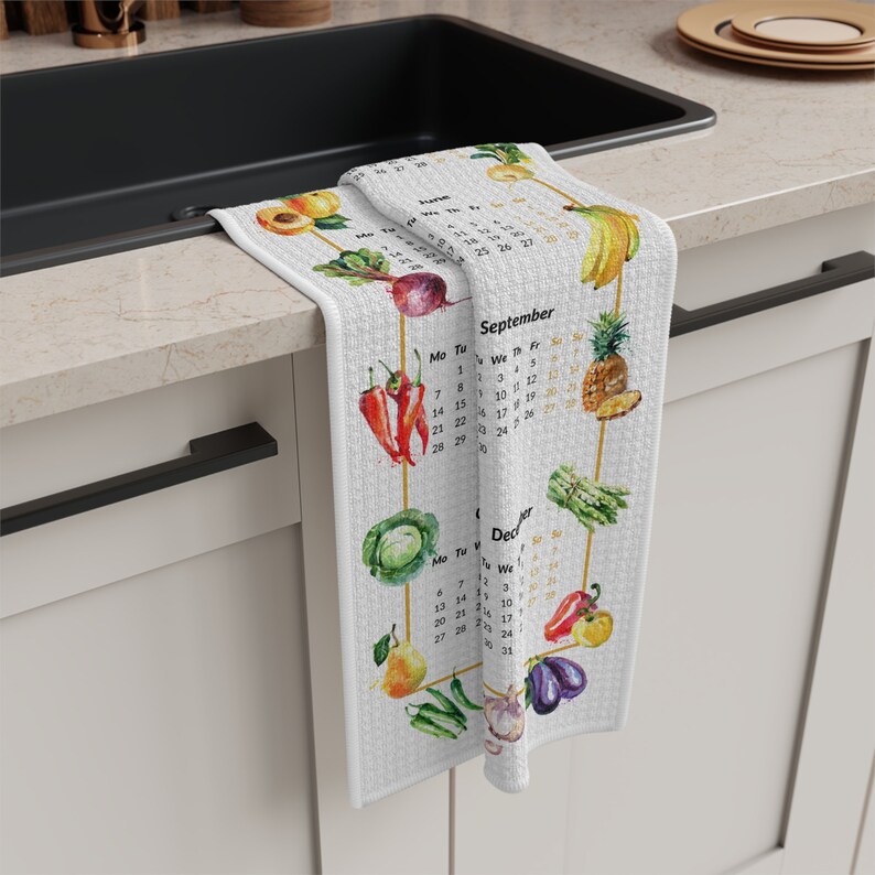 2025 Calendar Watercolor Fruit and Vegetables Tea Towel, Kitchen Towel ...