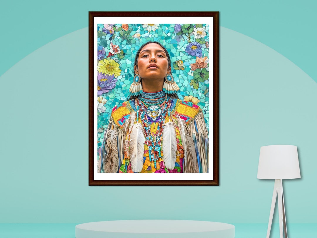 Native American Woman Turquoise Art Print, Faux Glass Mosaic Floral ...