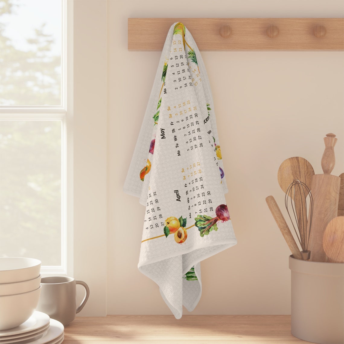 2025 Calendar Watercolor Fruit and Vegetables Tea Towel, Kitchen Towel ...