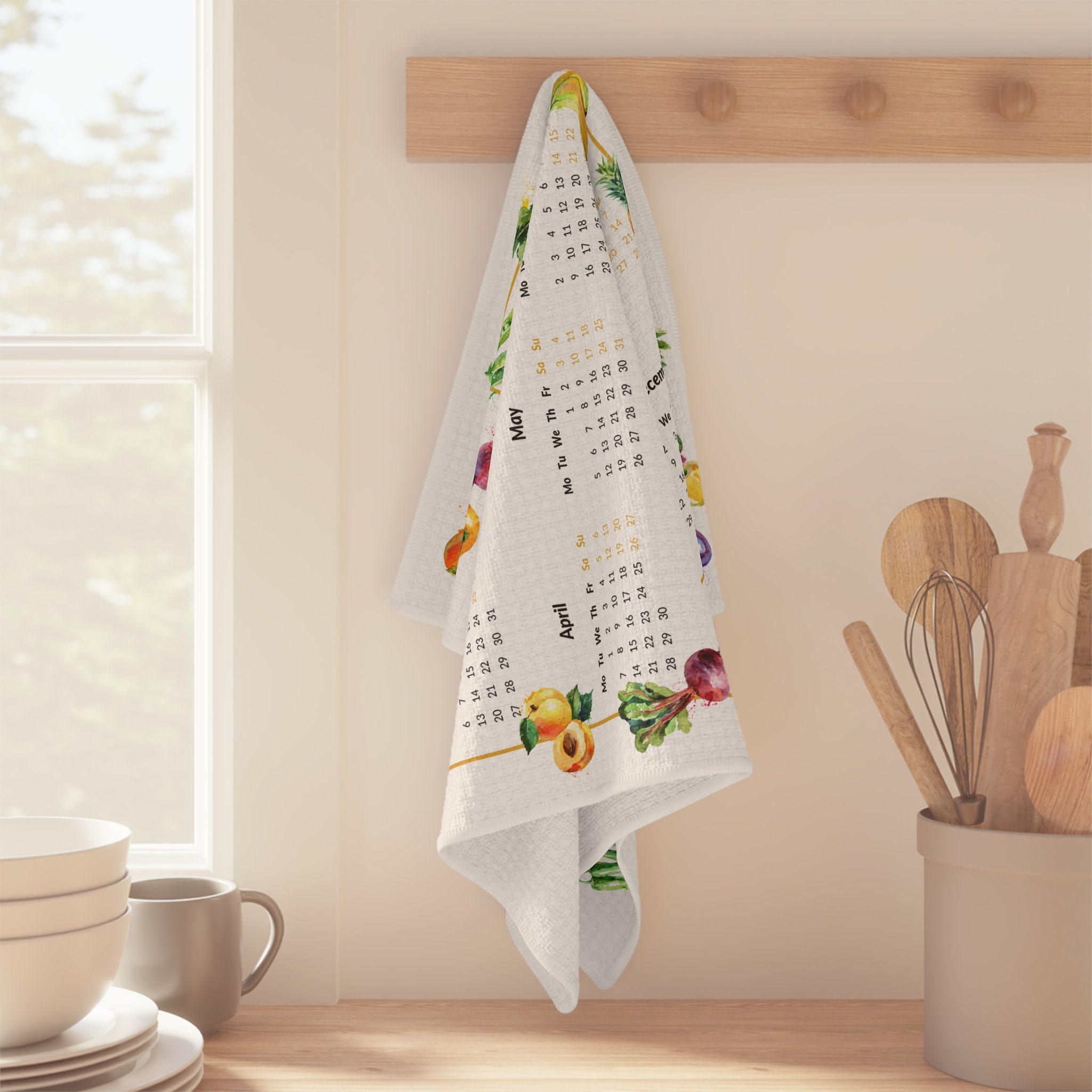 2025 Calendar Watercolor Fruit and Vegetables Tea Towel, Kitchen Towel ...