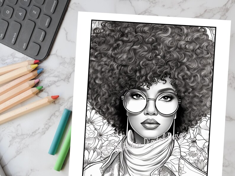 Black Woman Floral Adult Coloring Page, Natural Afro Hair Black Women ...