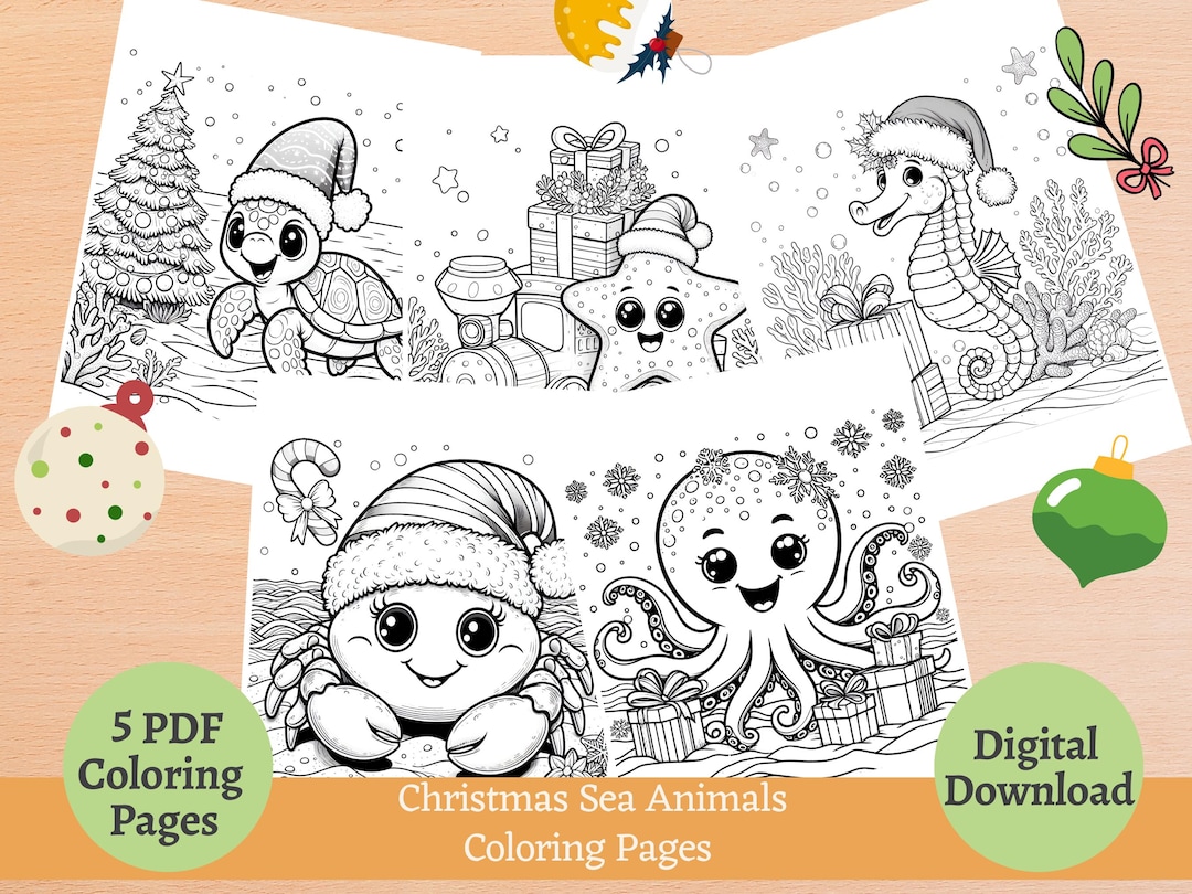 Christmas Sea Animals Coloring Pages, Festive Underwater Fun, Christmas ...