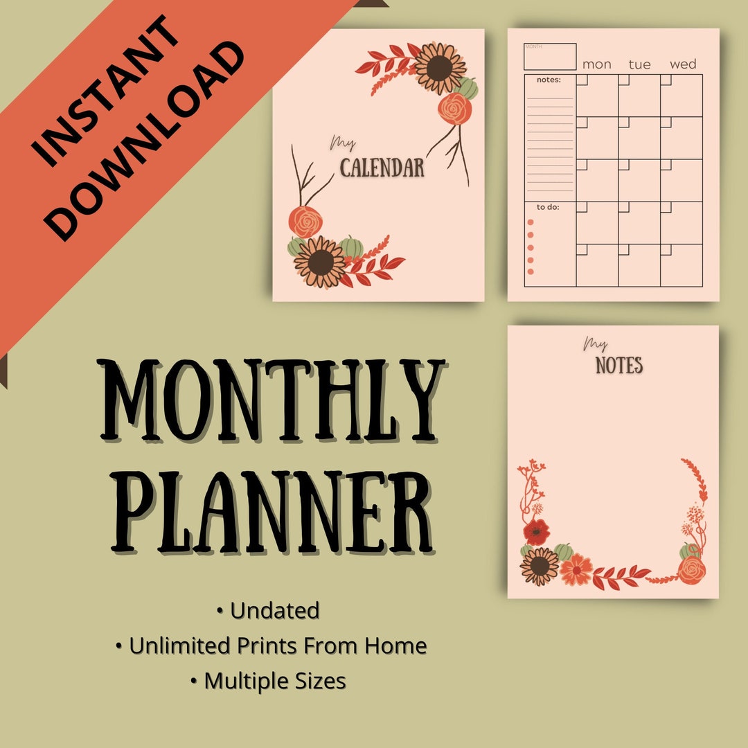 Printable Undated Monthly Calendar | Fall Planner | Autumn Themed ...