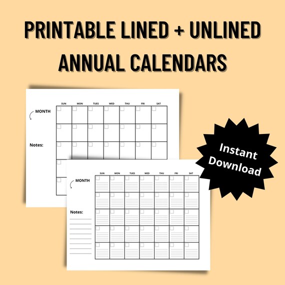 Printable Undated Lined Unlined Calendars Monthly Planner - Etsy