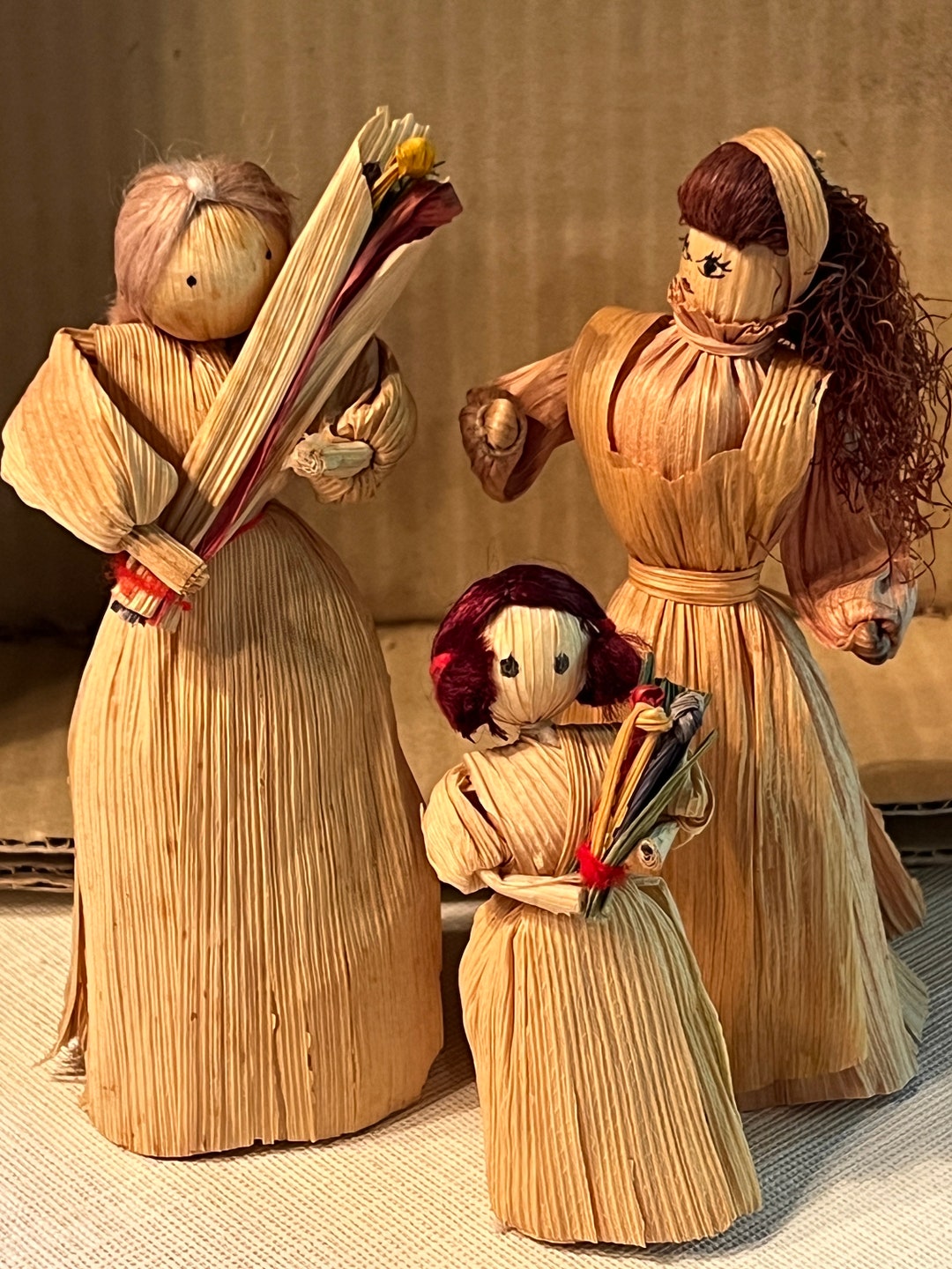 Three Beautiful Vintage Corn Husk Dolls, Woman and Girl Carrying ...