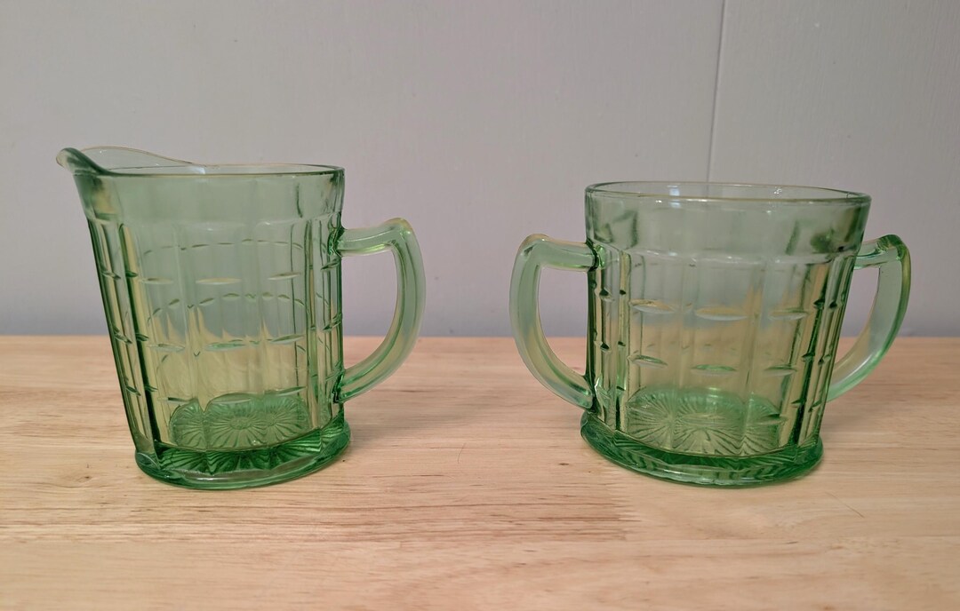 Vintage Uranium Hazel Atlas Colonial Block Creamer and Sugar Bowl Set ...