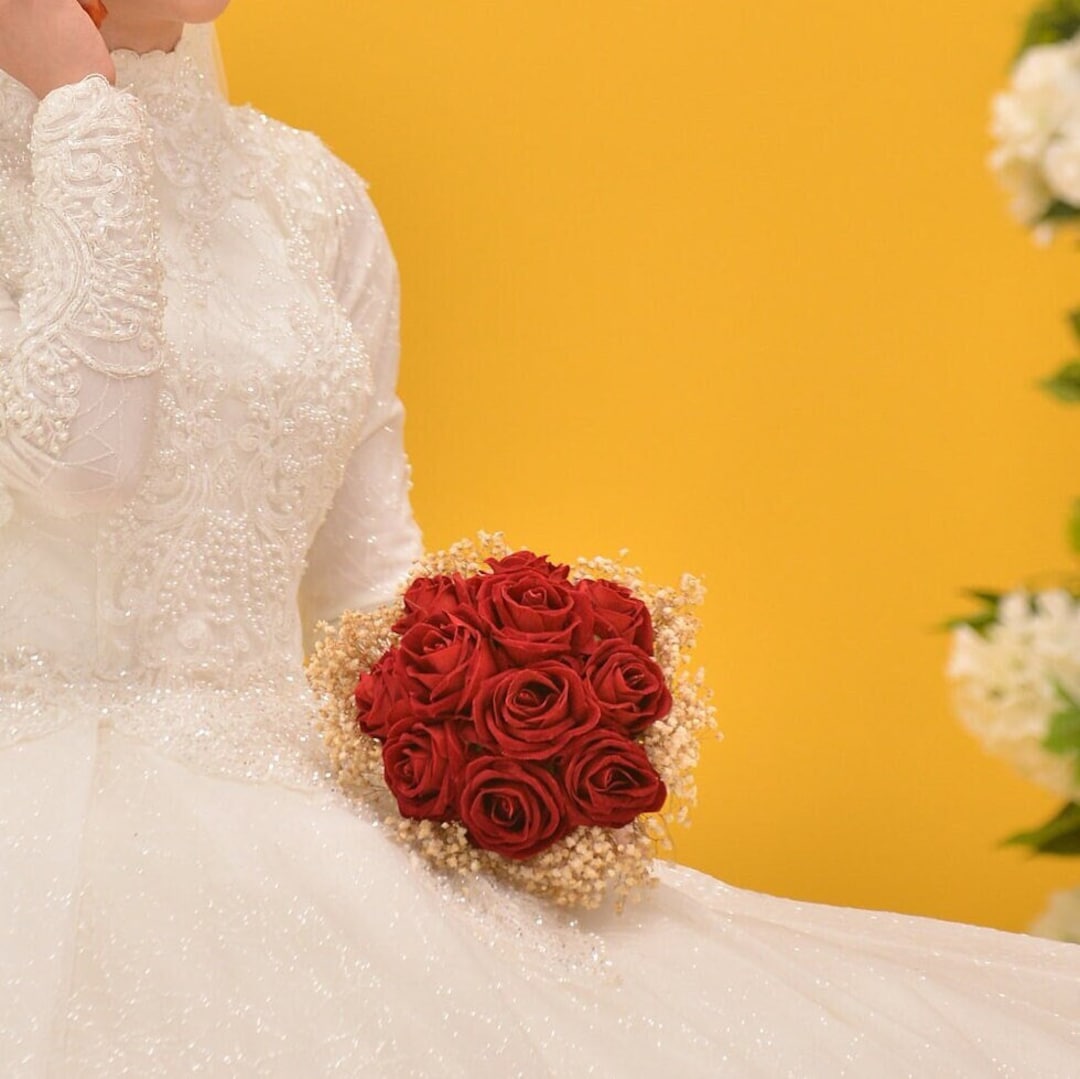 Red Rose Bridal Bouquet, Classic Wedding Red Rose Bouquet, Rustic Boho ...