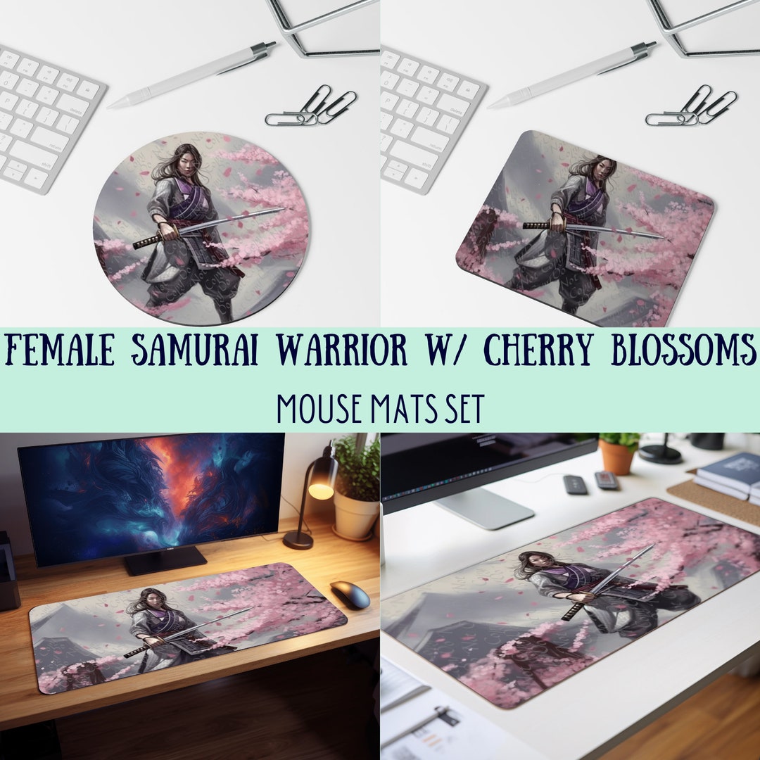Female Samurai Warrior W/ Cherry Blossoms Mouse Mats Set Sublimation ...