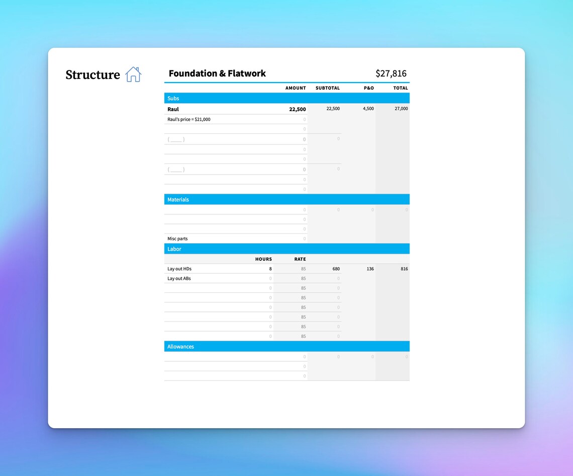 Contractor Bidding Spreadsheet, Contractor Estimating Spreadsheet - Etsy