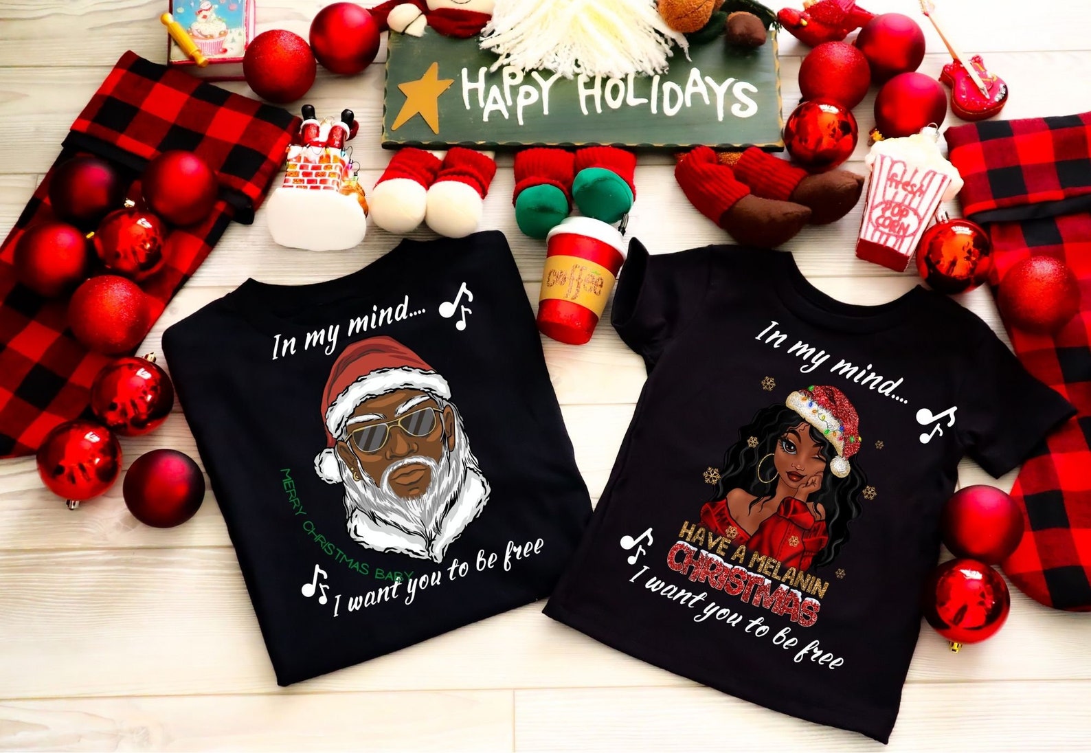 Black Santa Pajamas Tops, Santa Group Shirts, Matching Xmas Tees, Santa ...