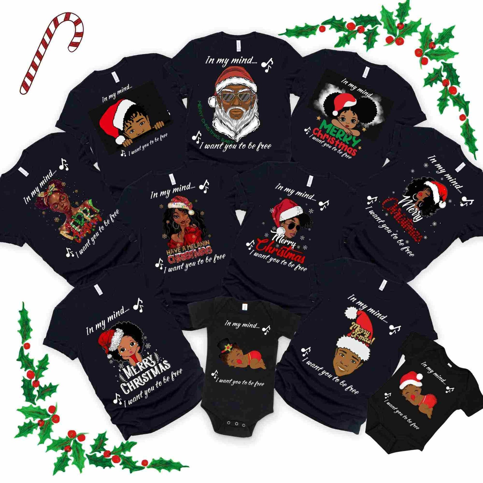 Black Santa Pajamas Tops, Santa Group Shirts, Matching Xmas Tees, Santa ...