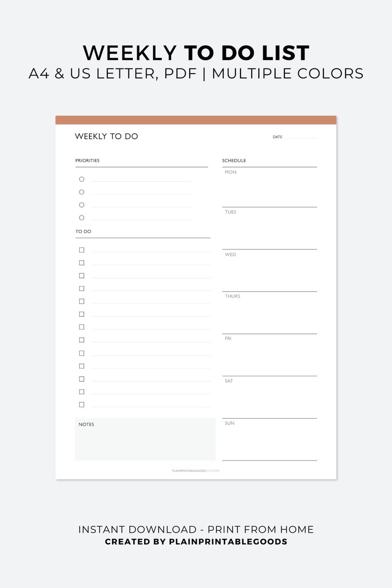 Printable Weekly to Do List Template, Weekly Task List, Weekly Planner ...