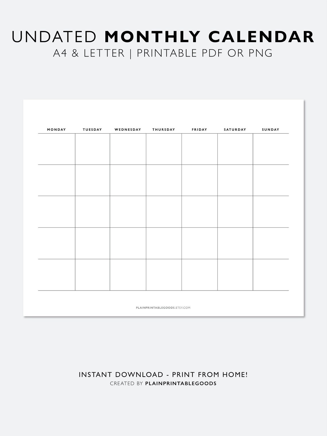 Undated Monthly Calendar Printable Landscape, Minimalist Calendar ...