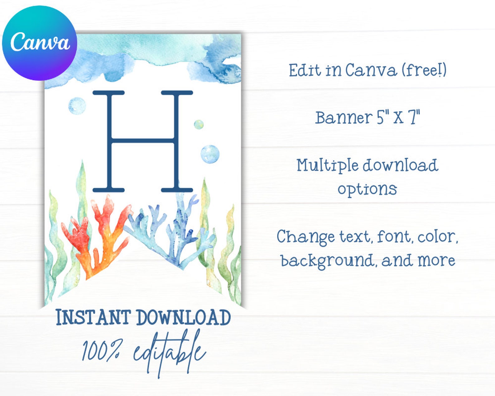 Ocean Happy Birthday Banner, Ocean Banner Template, EDITABLE Canva ...