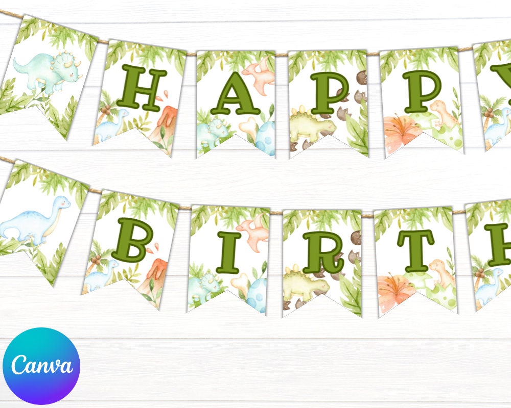 Dinosaur Happy Birthday Banner, Dinosaurs Banner Template, EDITABLE ...