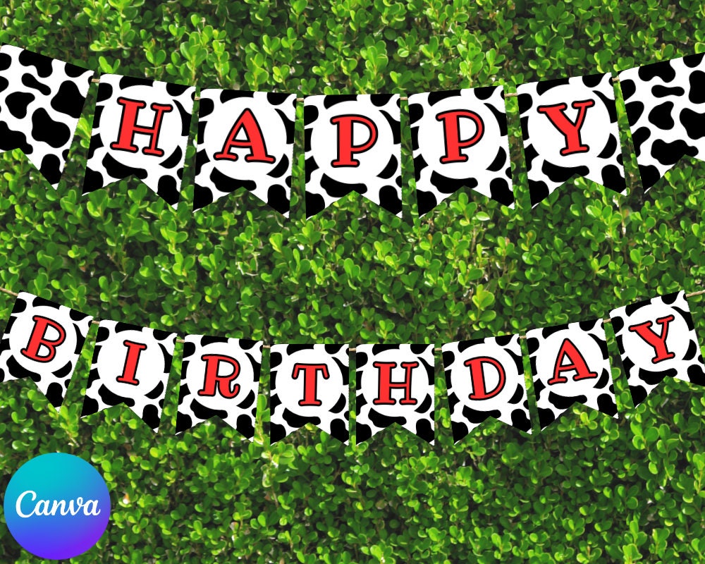 Cow Happy Birthday Banner, Cow Banner Template, EDITABLE Canva Banner ...
