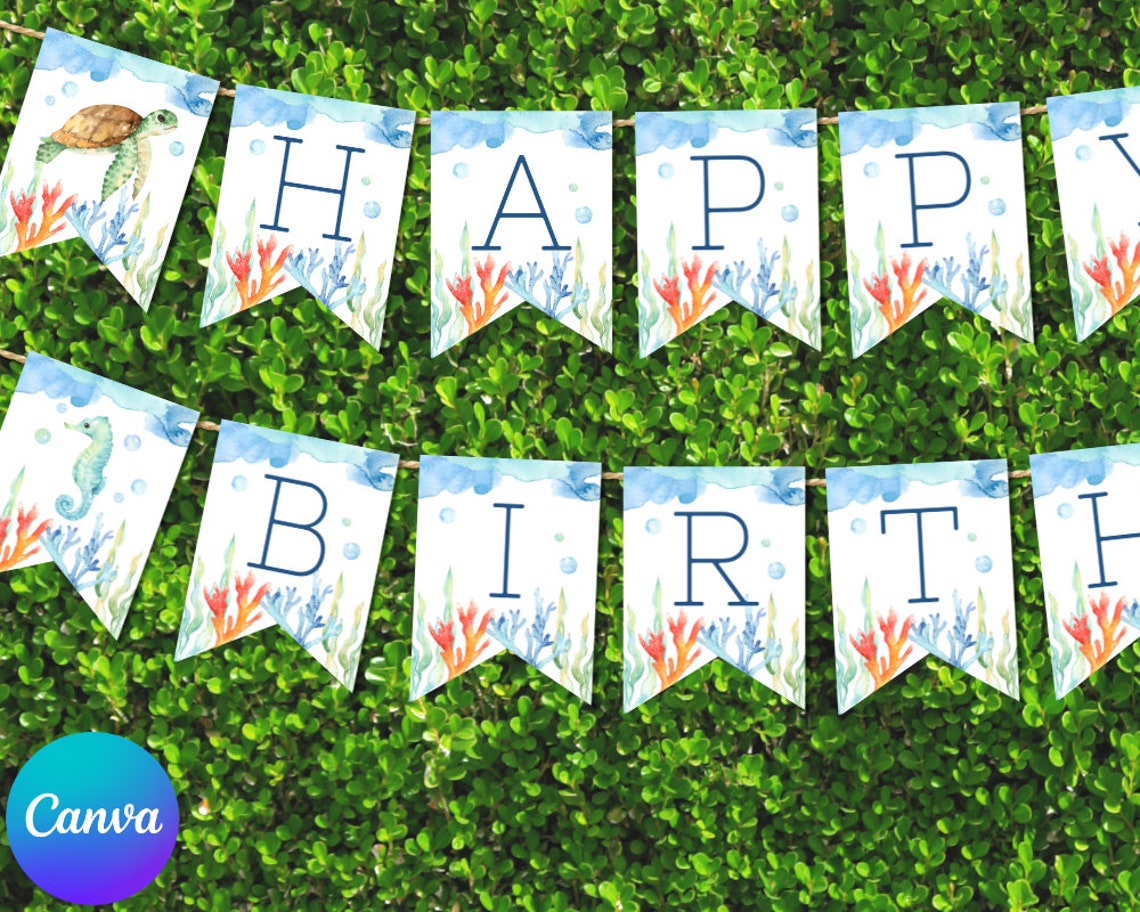 Ocean Happy Birthday Banner, Ocean Banner Template, EDITABLE Canva ...