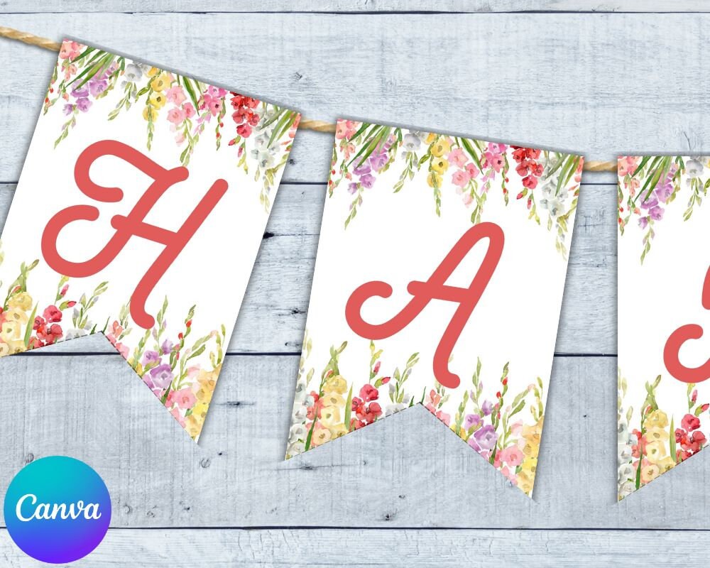 Floral Happy Birthday Banner, Floral Banner Template, EDITABLE Canva ...