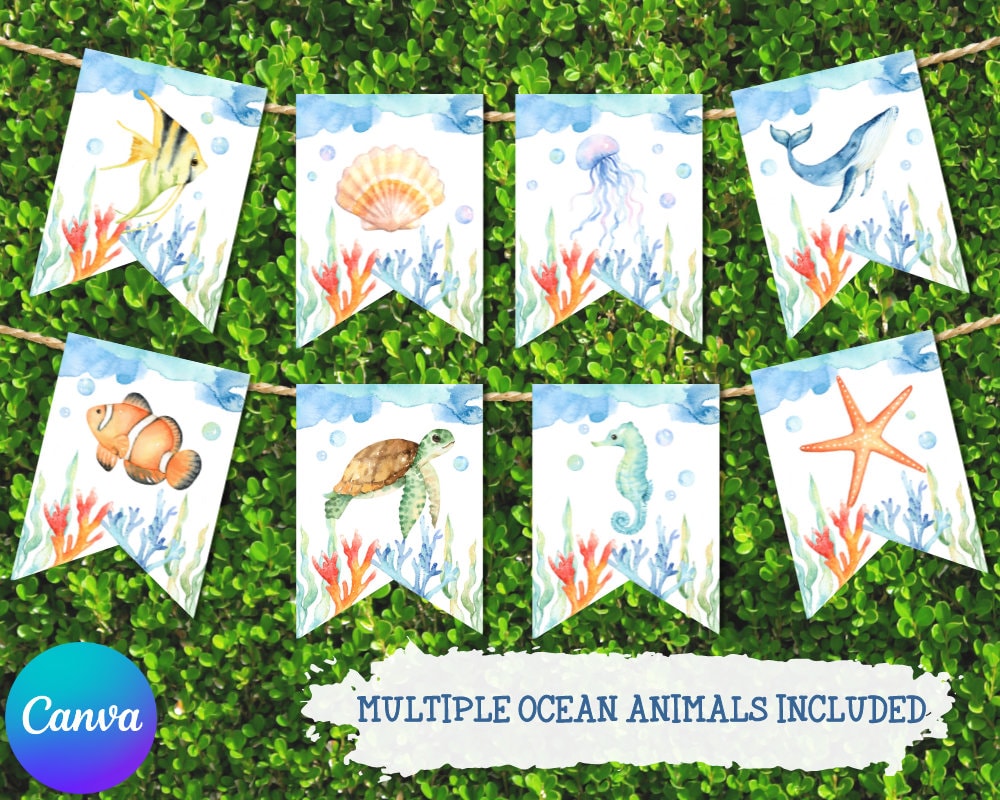 Ocean Happy Birthday Banner, Ocean Banner Template, EDITABLE Canva ...