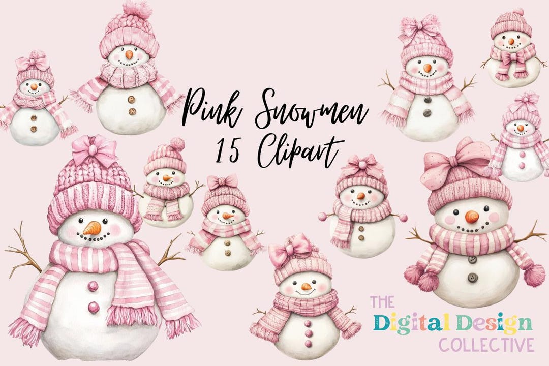 Watercolor Pink Snowman Collection Clipart, 15 PNG Festive Snowman ...
