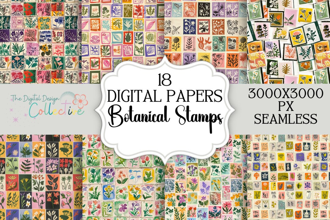 Seamless Botanical Stamps Digital Papers Instant Download Digital Paper ...