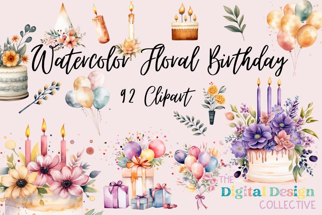 Boho Floral Birthday Clipart, Watercolor Birthday Clipart, Floral Party ...