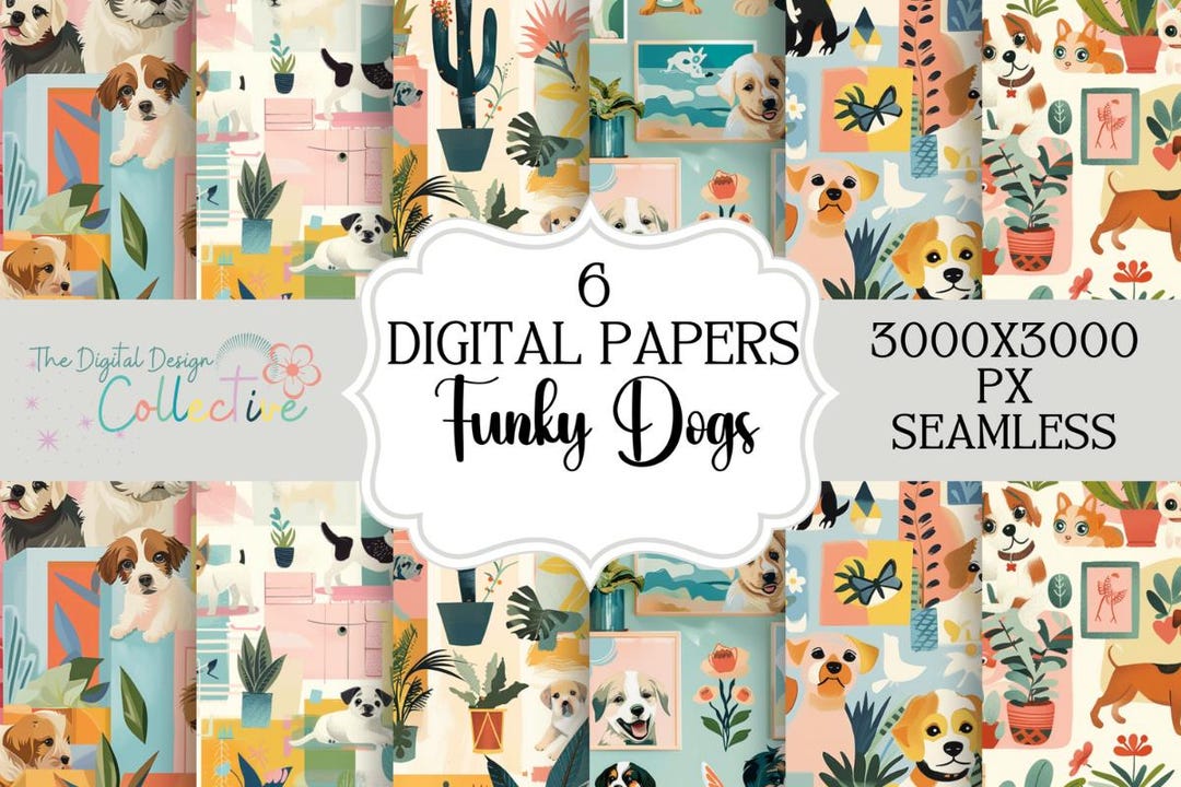 Dogs Funky Seamless Patterns Bundle, Vibrant Repeating Digital Pattern ...