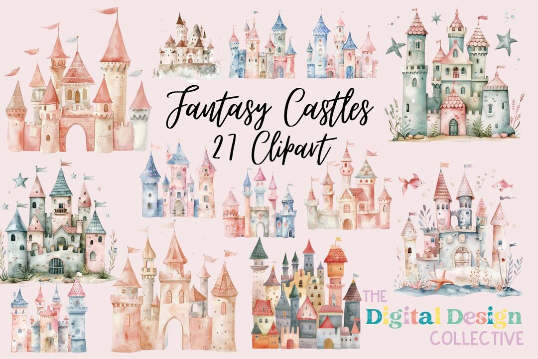 Watercolor Pink Fairy Castle Clipart - Princess Castle, Magical Kingdom ...
