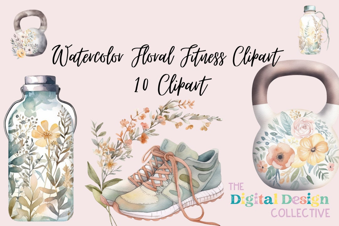 Watercolor Floral Fitness Clipart Bundle-healthy Living Download ...