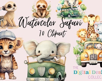 Safari Watercolor Clipart Bundle: Elephant, Hippo, Lion, Tiger, Giraffe ...