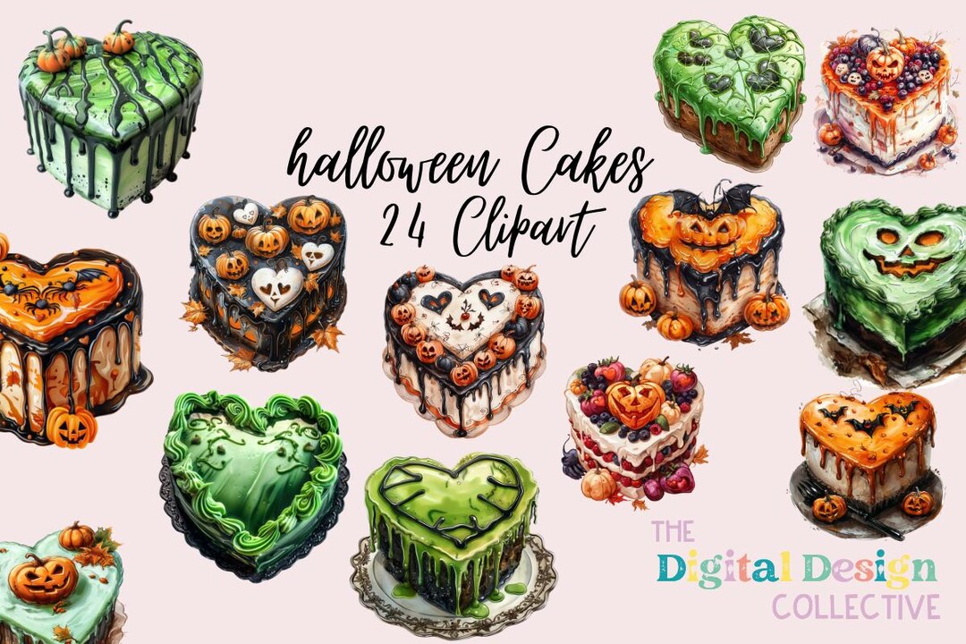 Halloween Cakes Watercolor Clipart Bundle PNG Spooky Dessert Images ...