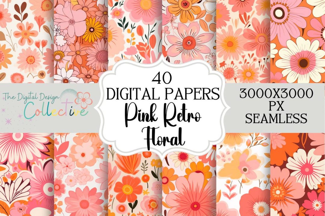 Retro Groovy Pink Flowers Seamless Digital Papers Seamless Digital ...