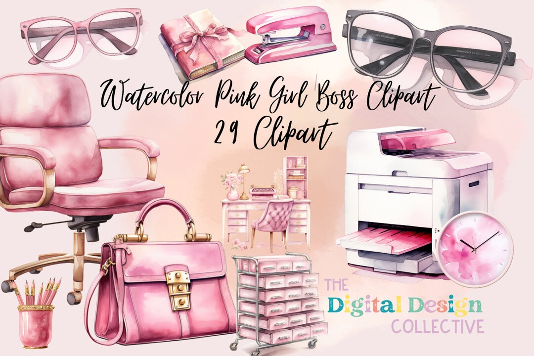 Watercolor Pink Girl Boss Clipart Bundle - Feminine Office Decor, Boss ...