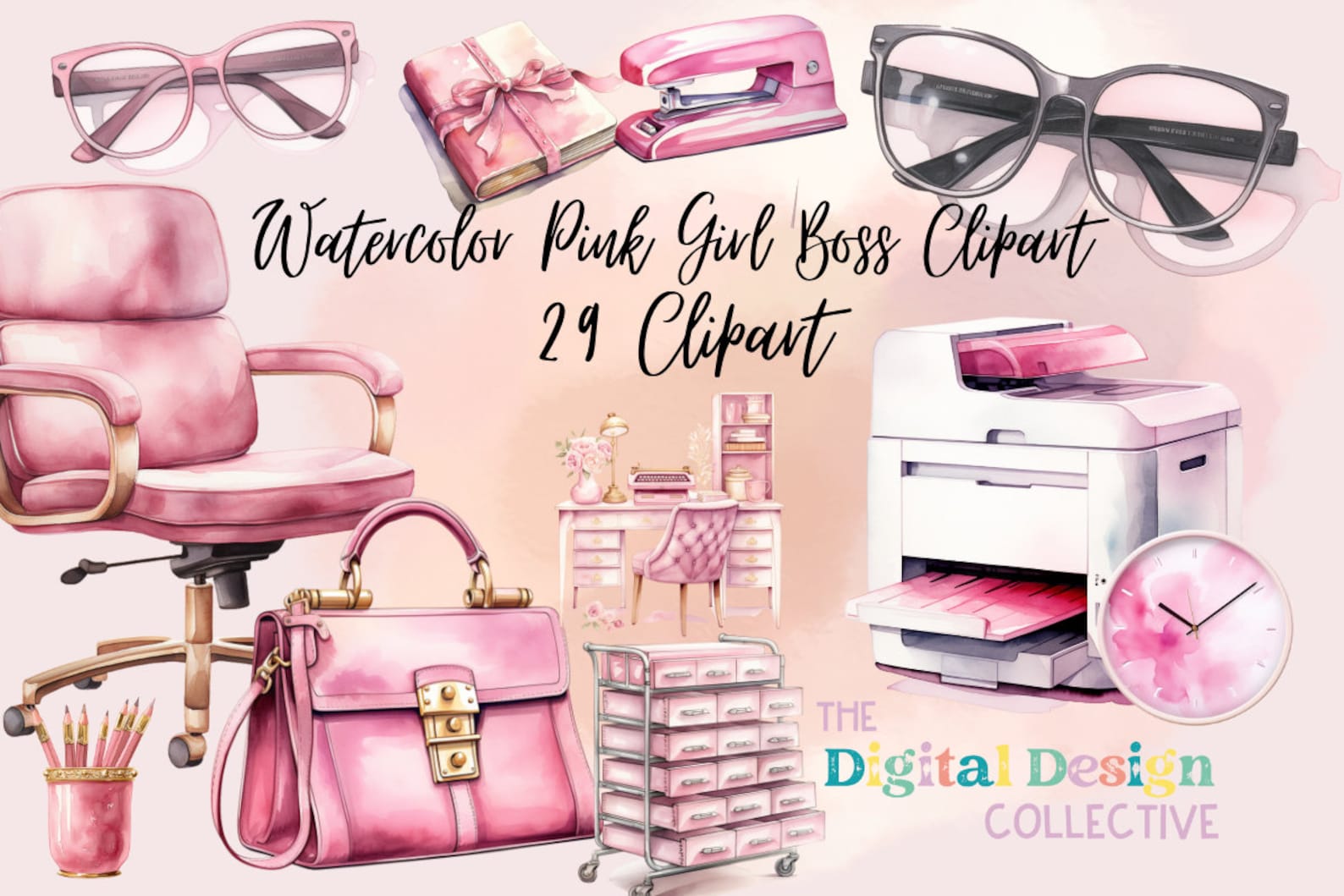 Watercolor Pink Girl Boss Clipart Bundle - Feminine Office Decor, Boss ...