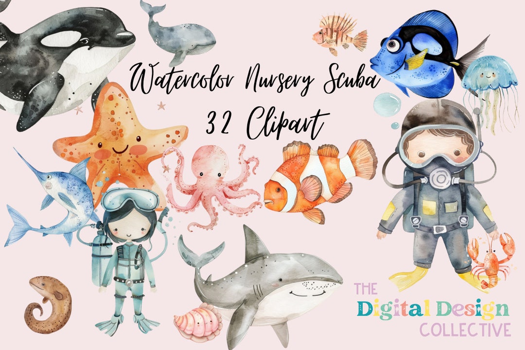 Cute Scuba Diving Watercolor Clipart - Scuba Dive Clipart - Underwater ...