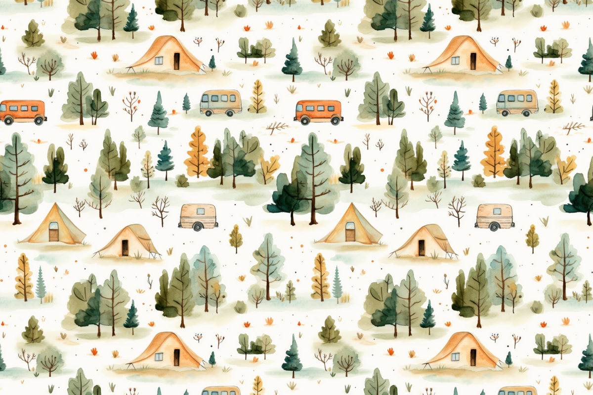 Watercolor Camping Seamless Patterns, Repeating Digital Pattern, Digital Background, Commercial ...