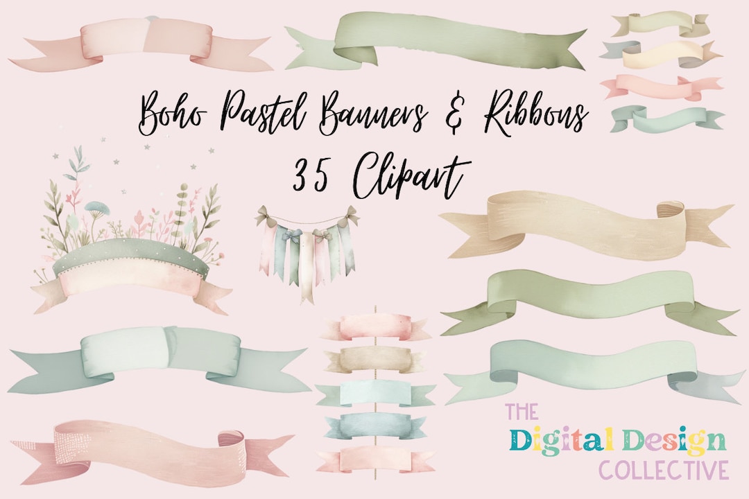 Boho Spring Pastel Banners & Ribbons - Watercolor Cloth Banner Download ...