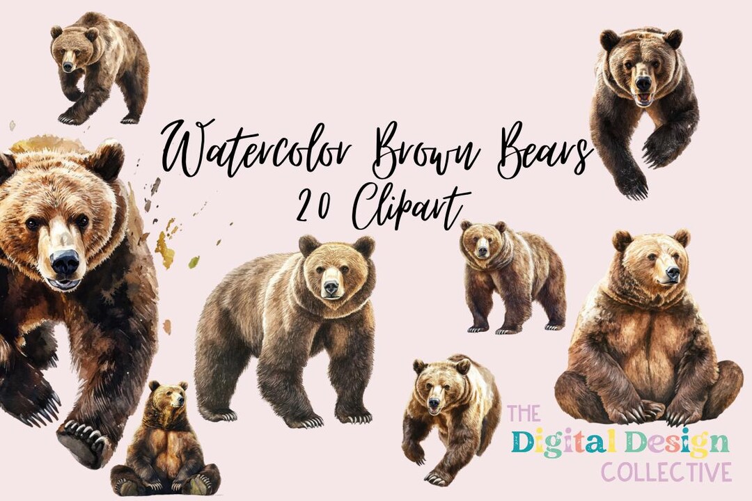 Watercolor Brown Bear PNG Clipart Bundle, Nursery Wall Art, Digital ...