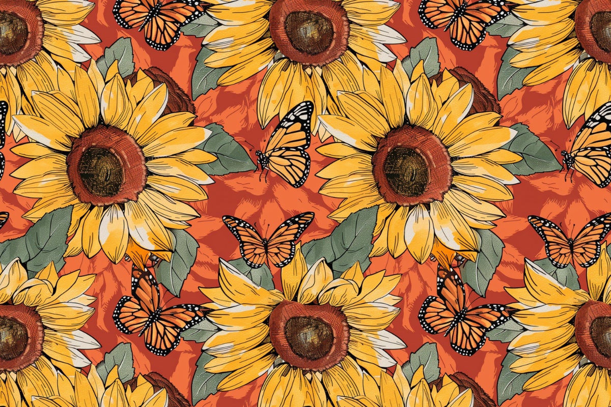 Seamless Monarch Butterflies Sunflowers Digital Seamless Pattern for ...