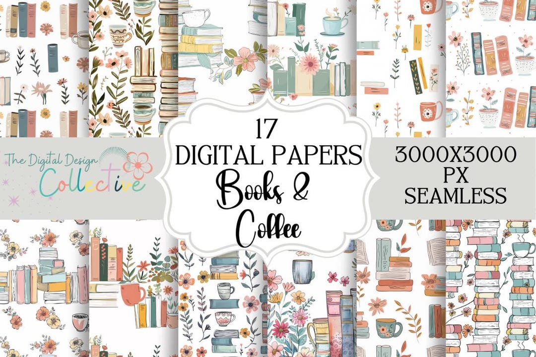Books and Coffee, Vibrant Repeating Digital Pattern, Digital Background ...