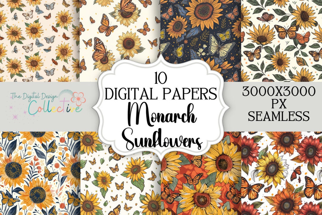 Seamless Monarch Butterflies Sunflowers Digital Seamless Pattern for ...