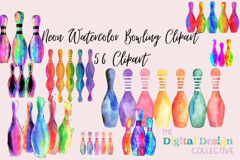 Neon Watercolor Bowling Clipart Bowling Download - Instant Download ...