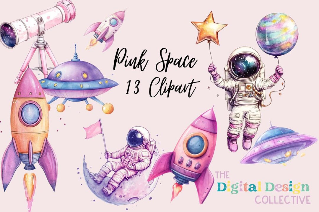 Watercolor Pink Space Clipart Bundle, Pastel Girl Astronaut Nursery ...