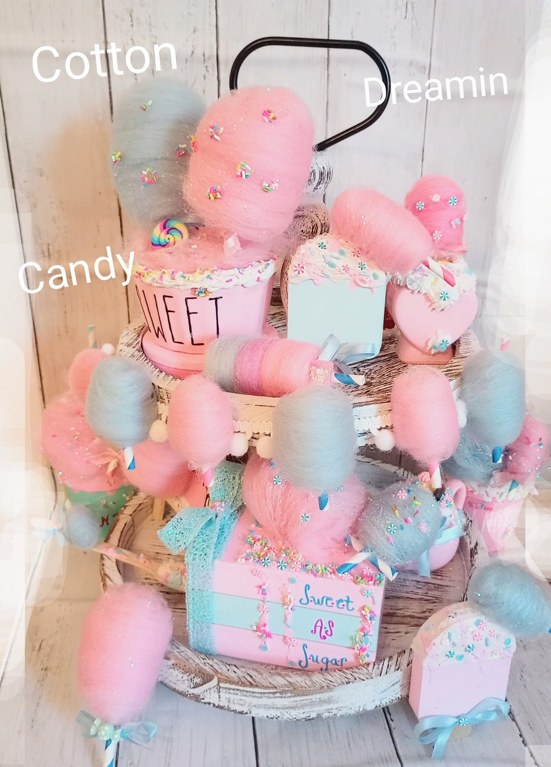 Cotton Candy Tier Tray Decor, Fake Sugar Floss Party Decorations, Candy ...