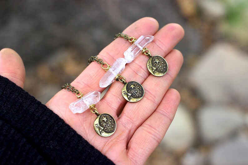 Raw Crystal Necklace Moon Face Charm Necklace Celestial Necklace ...