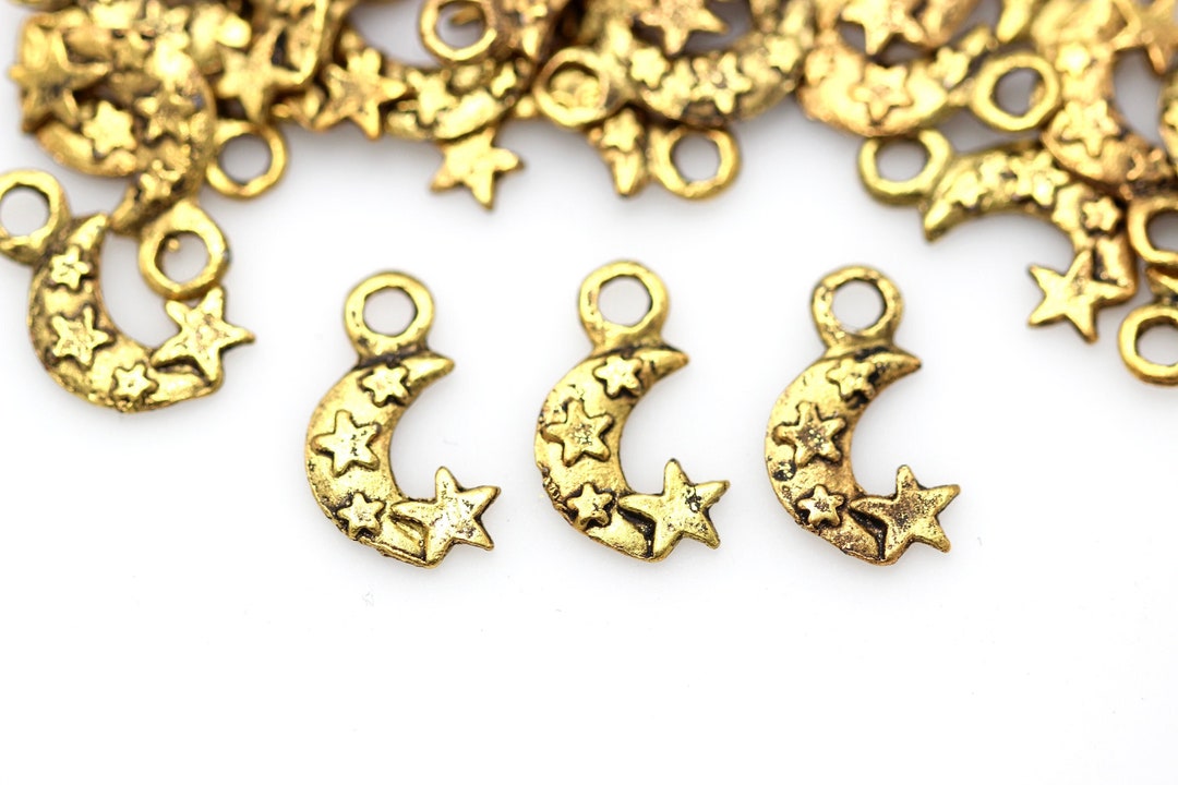 Gold Moon and Stars Charm Crescent Moon Charm Celestial Charms Moon ...