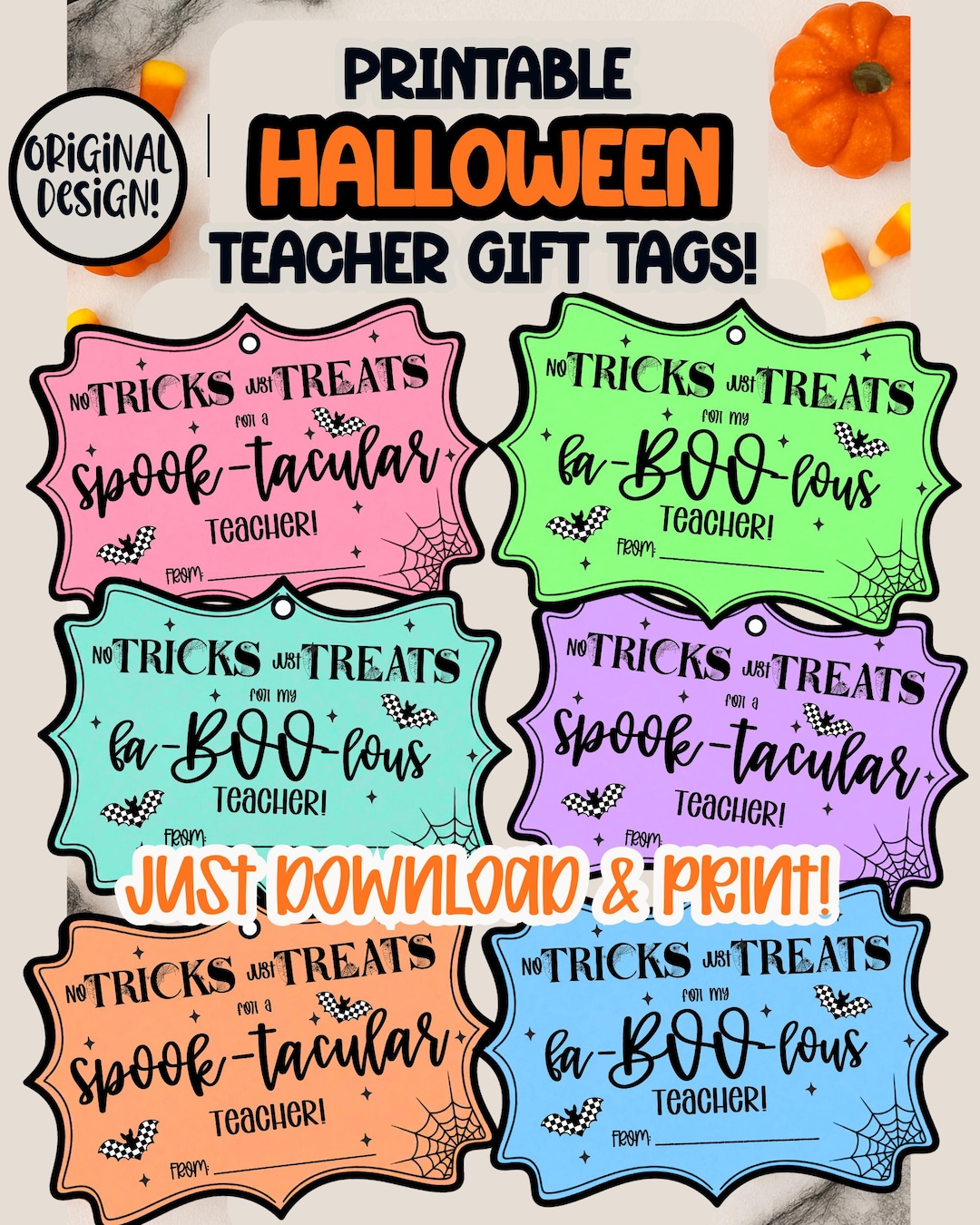 No Tricks, Just Treats - Printable Halloween Gift Tags for Teacher ...